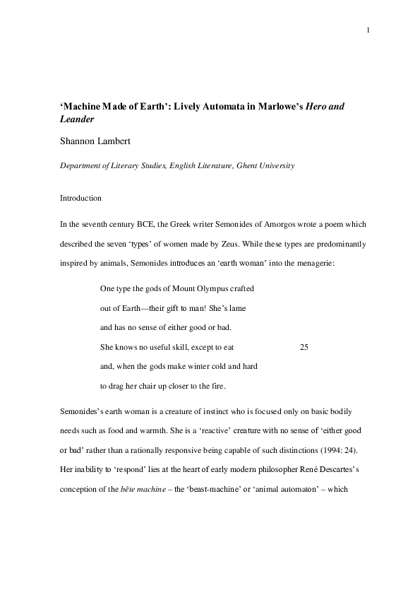 (PDF) 'Machine Made of Earth': Lively Automata in Marlowe's Hero and ...