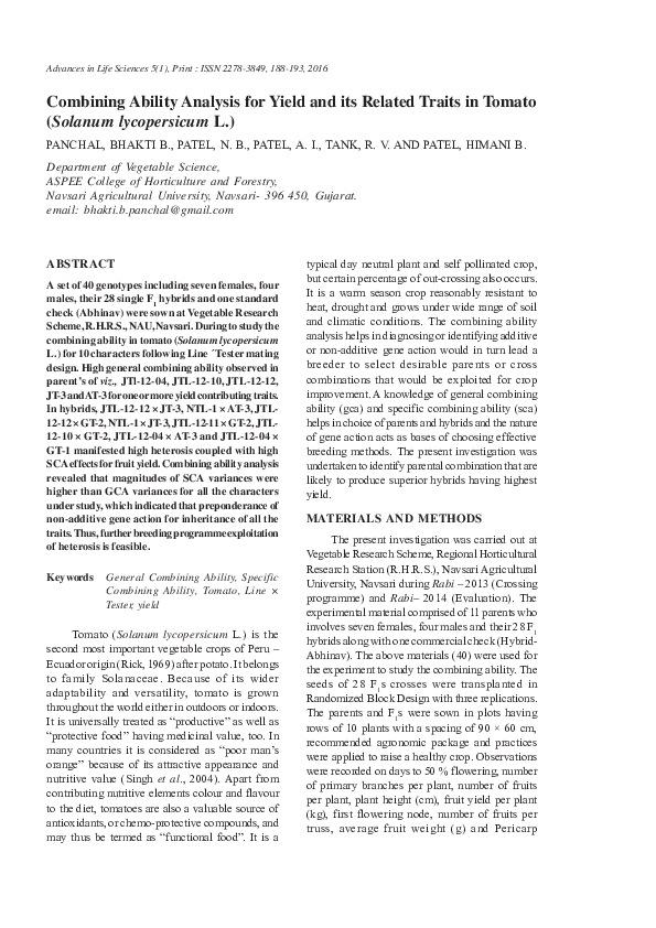 (PDF) Combining Ability Analysis for Yield and its Related Traits in Tomato (Solanum lycopersicum L