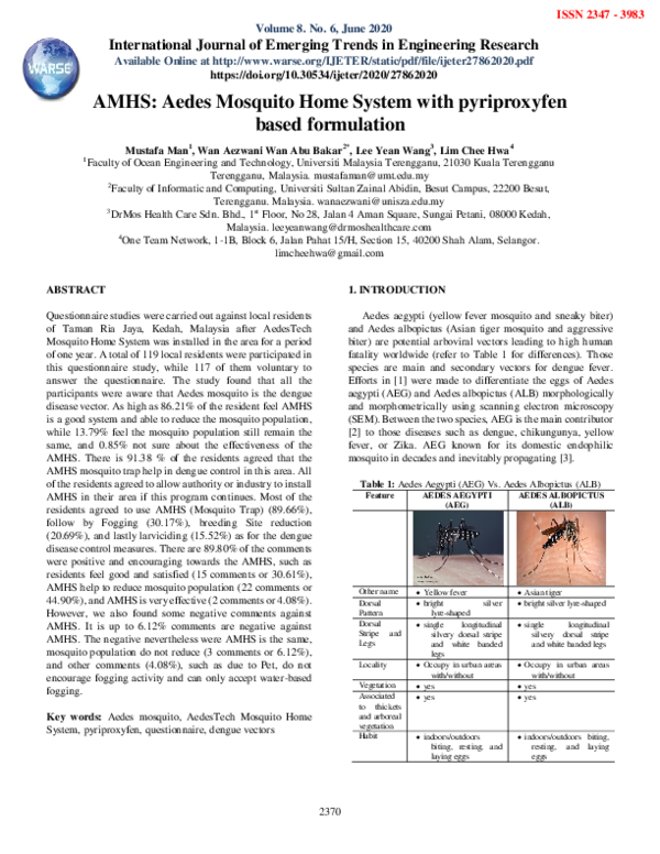 (PDF) AMHS: Aedes Mosquito Home System with pyriproxyfen based formulation