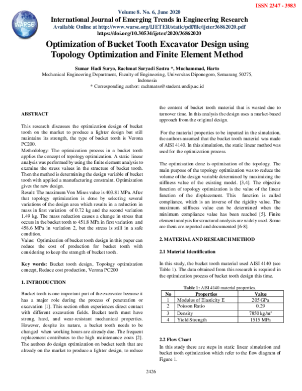 Pdf Optimization Of Bucket Tooth Excavator Design Using Topology
