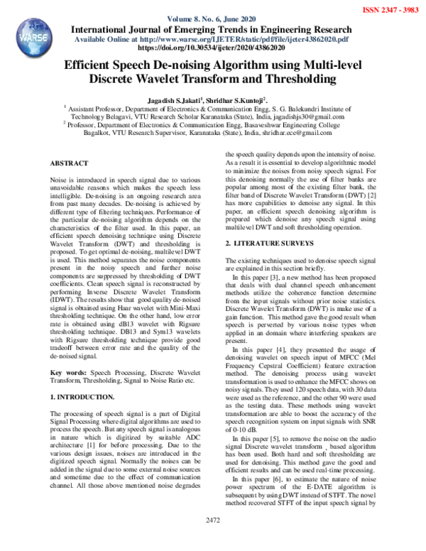 Pdf Efficient Speech De Noising Algorithm Using Multi Level Discrete