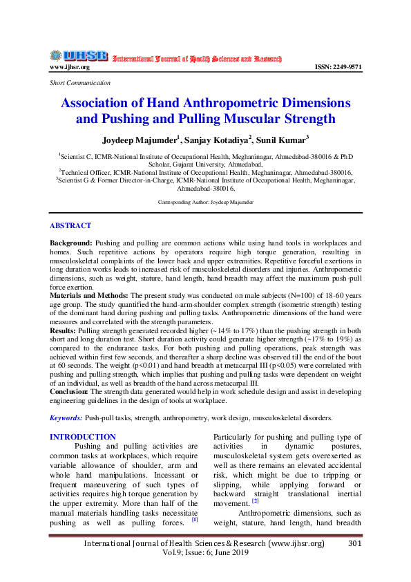 (PDF) Association of Hand Anthropometric Dimensions and Pushing and ...