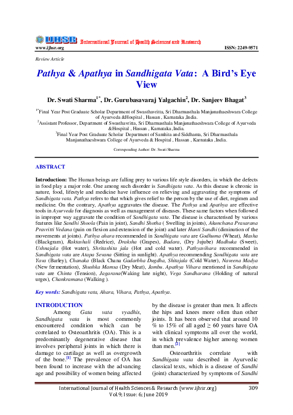 (PDF) Pathya & Apathya in Sandhigata Vata: A Bird’s Eye View