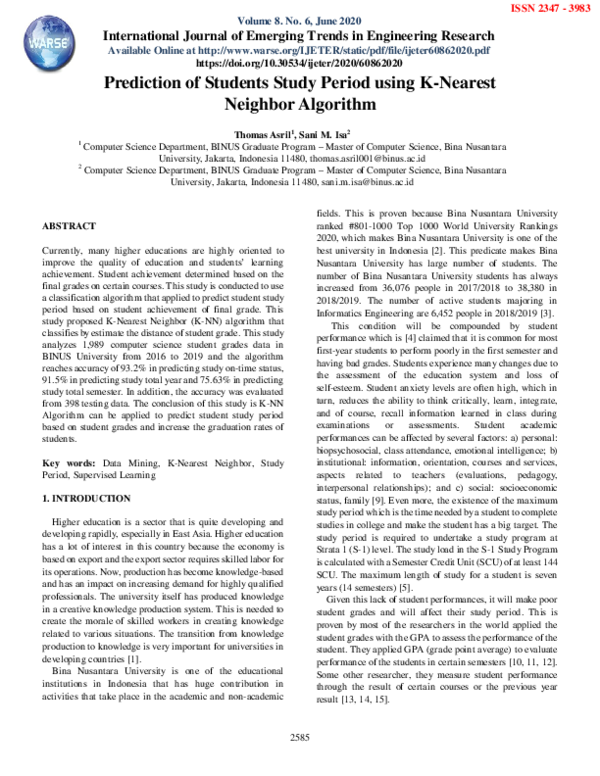 (PDF) Prediction of Students Study Period using K-Nearest Neighbor ...