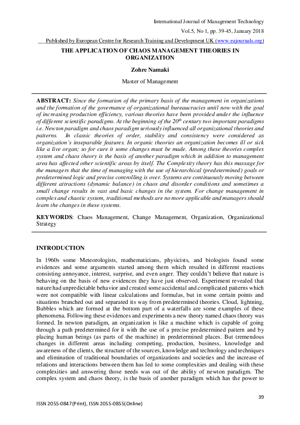 (PDF) THE APPLICATION OF CHAOS MANAGEMENT THEORIES IN ORGANIZATION