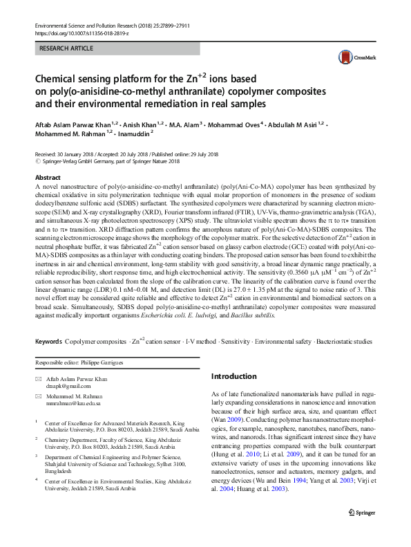 (PDF) Chemical sensing platform for the Zn +2 ions based on poly(o ...