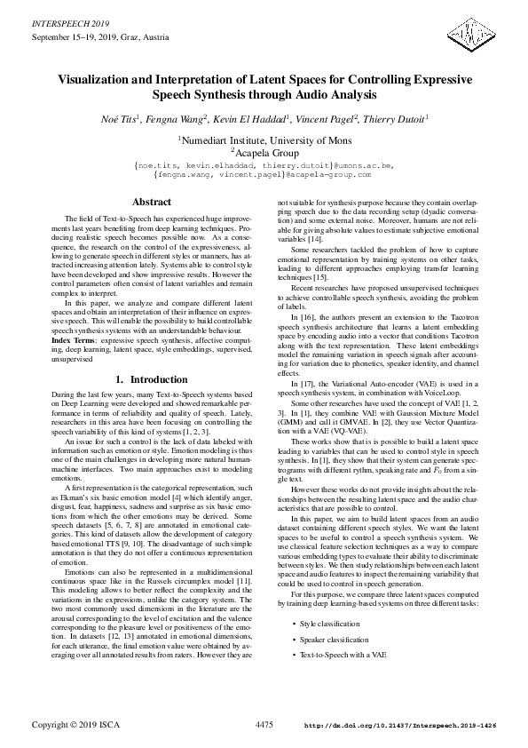 Pdf Visualization And Interpretation Of Latent Spaces For Controlling Expressive Speech