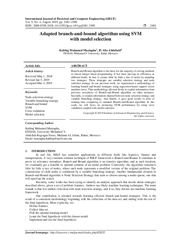 Adapted branch-and-bound algorithm using SVM with model selection Adapted branch-and-bound algorithm using SVM with model selection