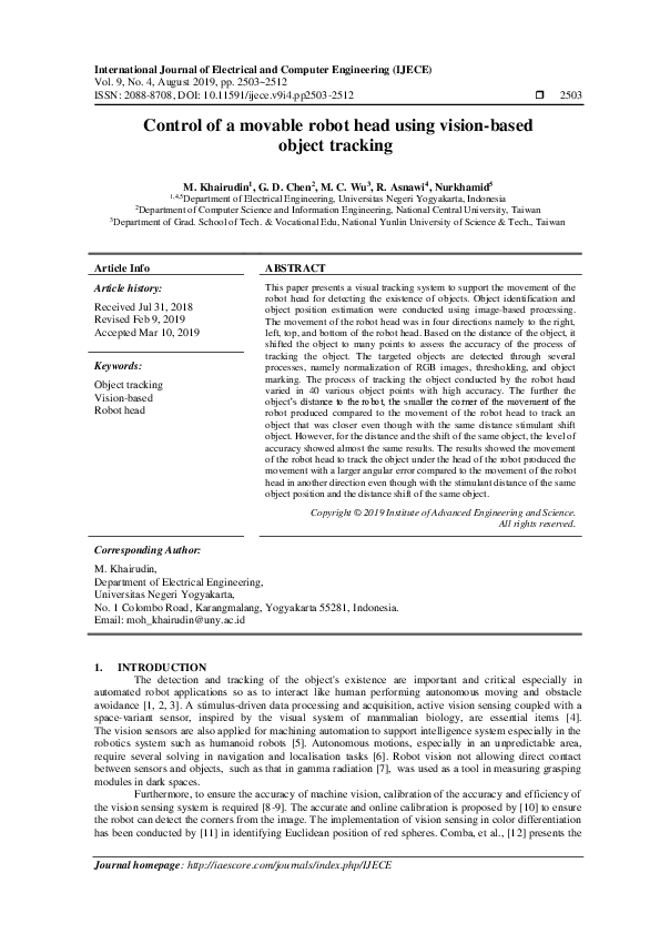 Pdf Control Of A Movable Robot Head Using Vision Based Object Tracking