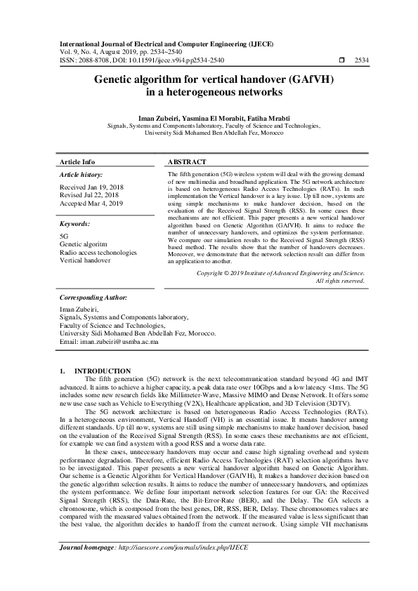 Pdf Genetic Algorithm For Vertical Handover Gafvh In A Heterogeneous Networks