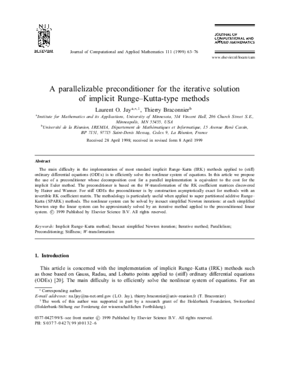 Pdf A Parallelizable Preconditioner For The Iterative Solution Of Implicit Rungekutta Type