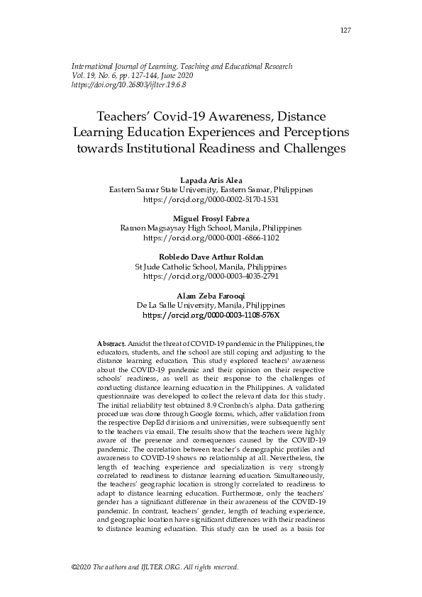 (PDF) Teachers' Covid-19 Awareness, Distance Learning Education ...