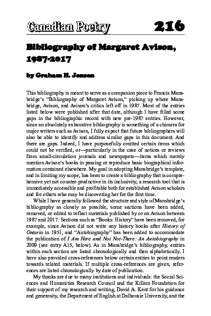 (PDF) "Bibliography of Margaret Avison, 1987-2017."