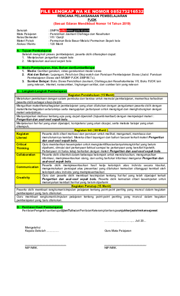 (DOC) Contoh RPP 1 Lbr PJOK | Andi Padaunga - Academia.edu