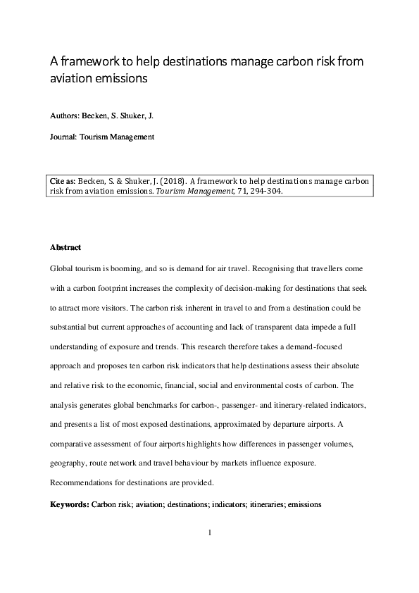 (PDF) A framework to help destinations manage carbon risk from aviation emissions