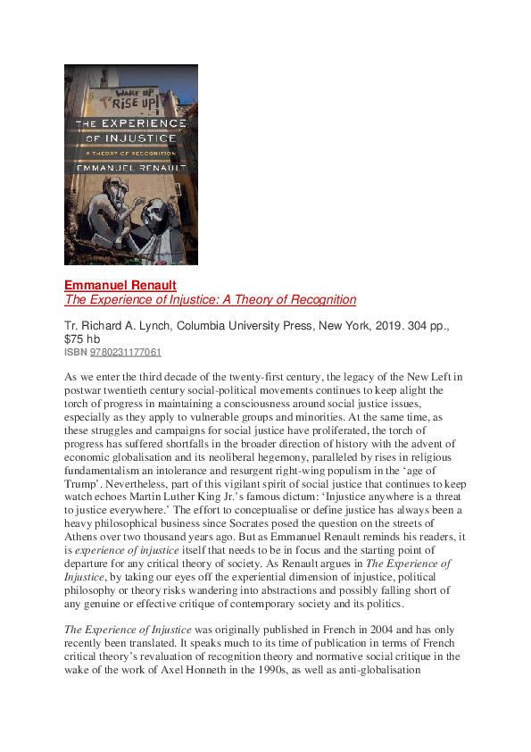 (PDF) Emmanuel Renault, The Experience of Injustice: A Theory of ...