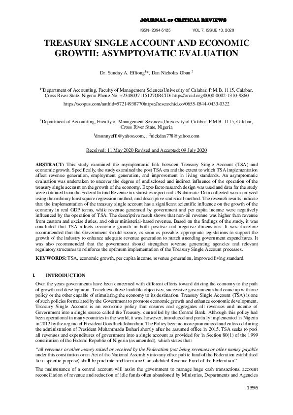 (PDF) Treasury Single Account and Economic Growth: Asymptomatic Evaluation