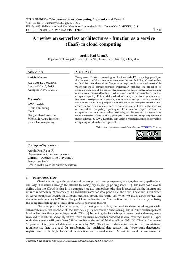 Pdf A Review On Serverless Architectures Function As A Service Faas In Cloud Computing