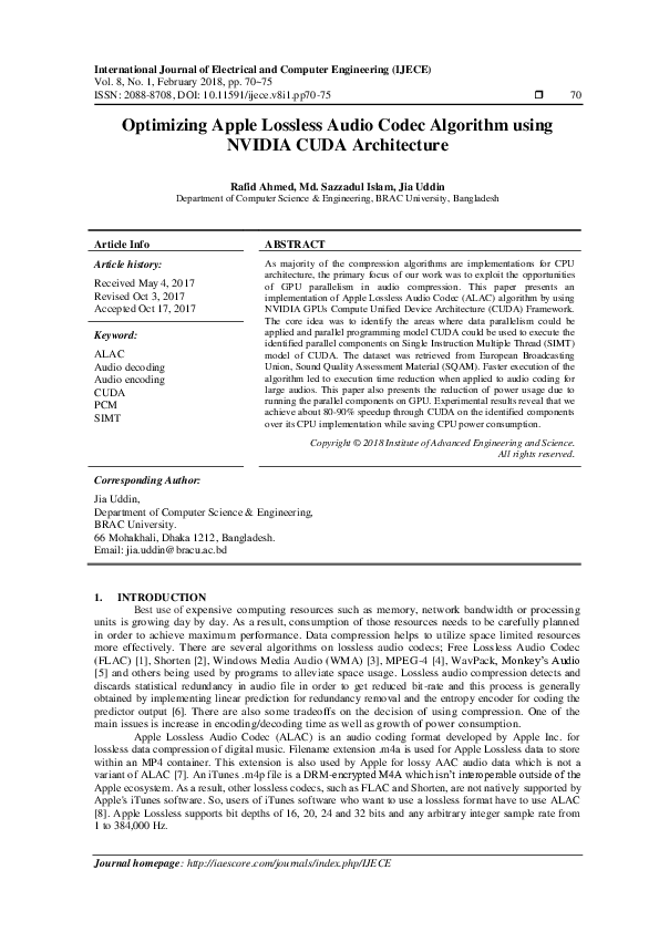 Pdf Optimizing Apple Lossless Audio Codec Algorithm Using Nvidia Cuda