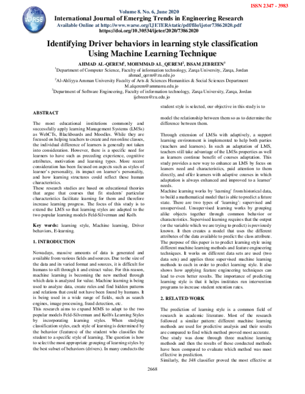 Pdf Identifying Driver Behaviors In Learning Style Classification Using Machine Learning Technique