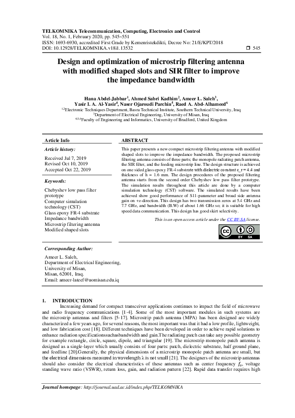 (PDF) Design and optimization of microstrip filtering antenna with modified shaped slots and SIR ...