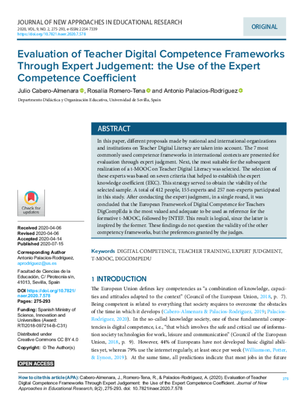 (PDF) Evaluation of Teacher Digital Competence Frameworks Through Expert Judgement: the Use of ...