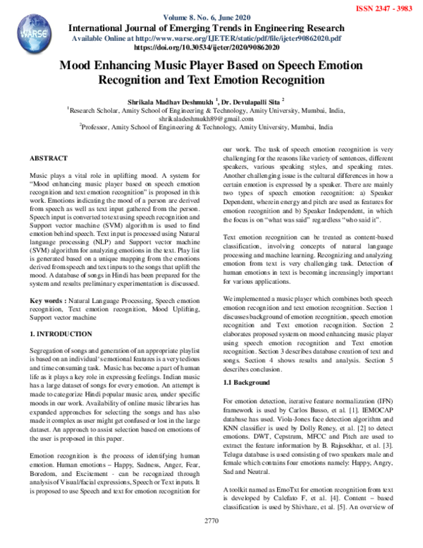 (PDF) Mood Enhancing Music Player Based on Speech Emotion Recognition ...