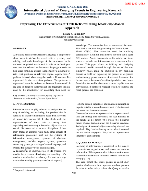 Pdf Improving The Effectiveness Of Texts Retrieval Using Knowledge