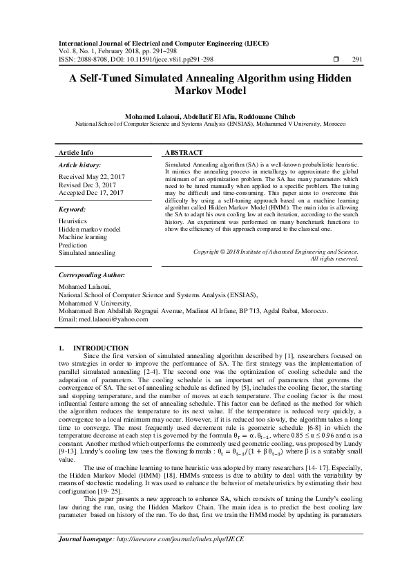(PDF) A Self-Tuned Simulated Annealing Algorithm using Hidden Markov Model
