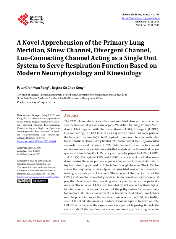 (PDF) A Novel Apprehension of the Primary Lung Meridian, Sinew Channel ...