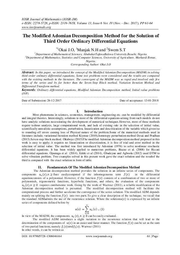 Pdf The Modified Adomian Decomposition Method For The Solution Of Third Order Ordinary