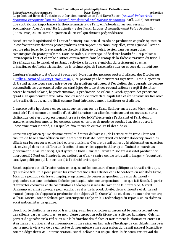 (PDF) Travail artistique et post-capitalisme. Entretien avec Dave Beech