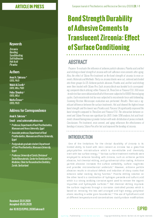 (PDF) Bond Strength Durability of Adhesive Cements to Translucent Zirconia: Effect of Surface ...