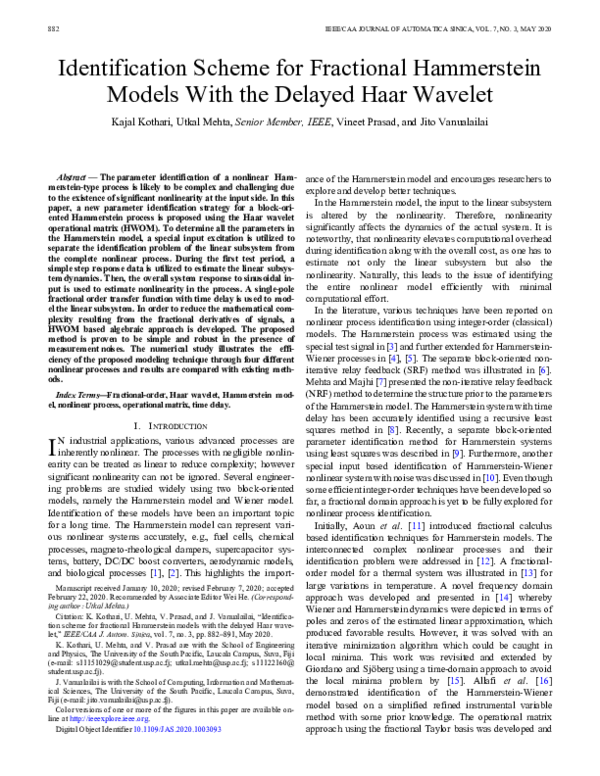 Pdf Identification Scheme For Fractional Hammerstein Models With The Delayed Haar Wavelet