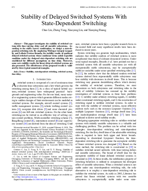 (PDF) Stability of Delayed Switched Systems With State-Dependent Switching | IEEE/CAA J. Autom ...