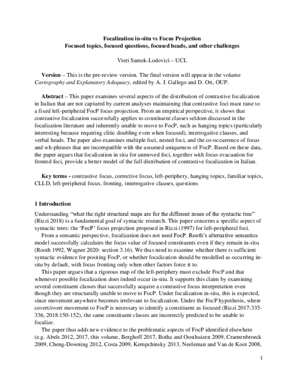 (PDF) Focalization in-situ vs Focus Projection Focused topics, focused questions, focused heads ...