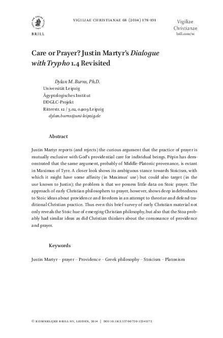 (PDF) Care or Prayer? Justin Martyr's Dialogue with Trypho 1.4 Revisited
