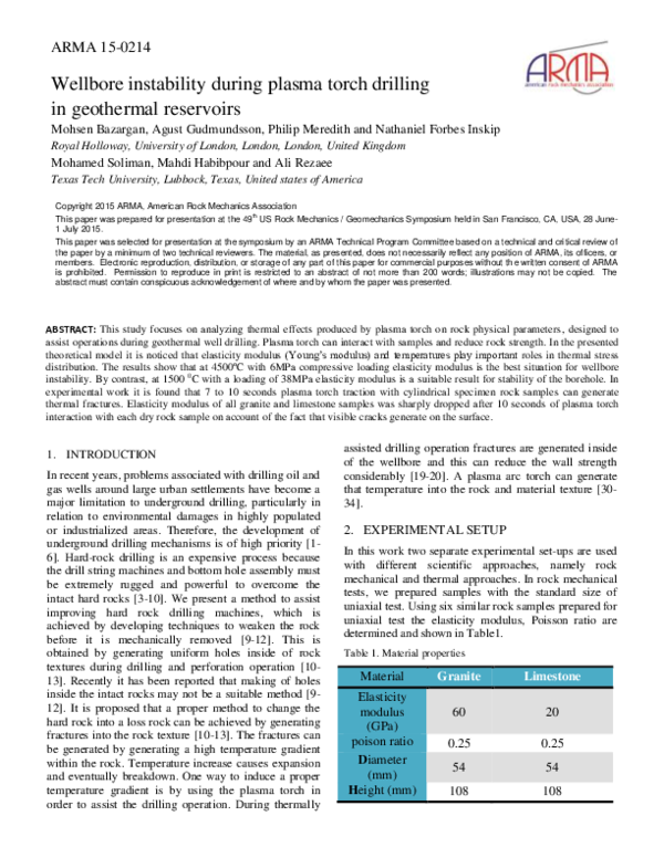 (PDF) Wellbore instability during plasma torch drilling in geothermal reservoirs