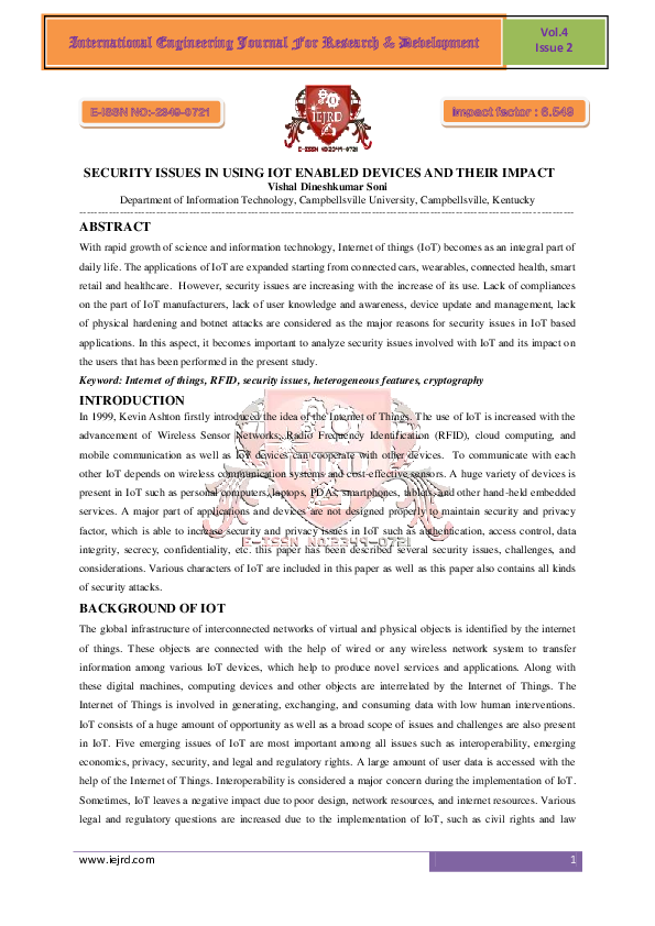 (PDF) SECURITY ISSUES IN USING IOT ENABLED DEVICES AND THEIR IMPACT