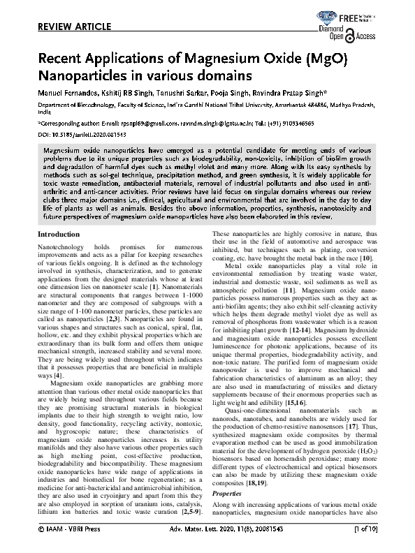 (PDF) Recent Applications of Magnesium Oxide (MgO) Nanoparticles in ...