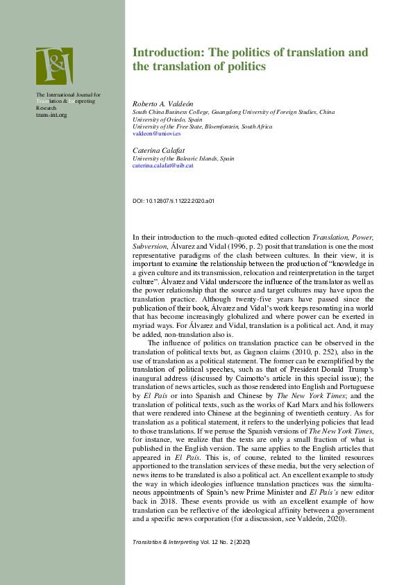 (PDF) Introduction: The politics of translation and the translation of ...