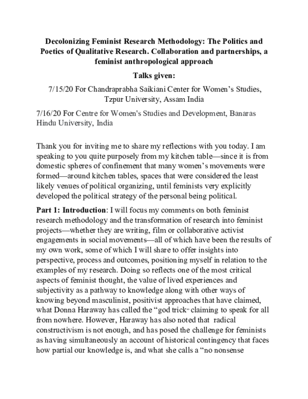 (DOC) Feminist Research Methodology Positionality in Collaboration and ...