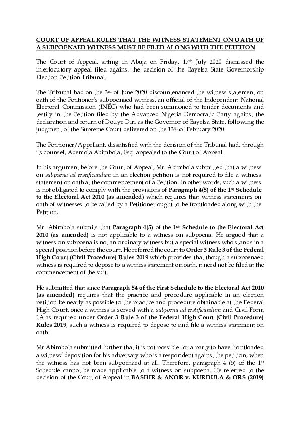 (PDF) COURT OF APPEAL RULES THAT THE WITNESS STATEMENT ON OATH OF A ...