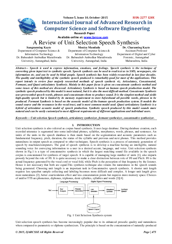 (PDF) A Review of Unit Selection Speech Synthesis