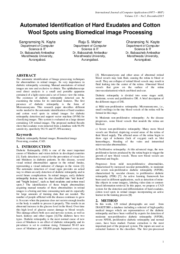 Pdf Automated Identification Of Hard Exudates And Cotton Wool Spots Using Biomedical Image