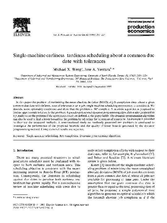 (PDF) Single-machine earliness-tardiness scheduling about a common due date with tolerances