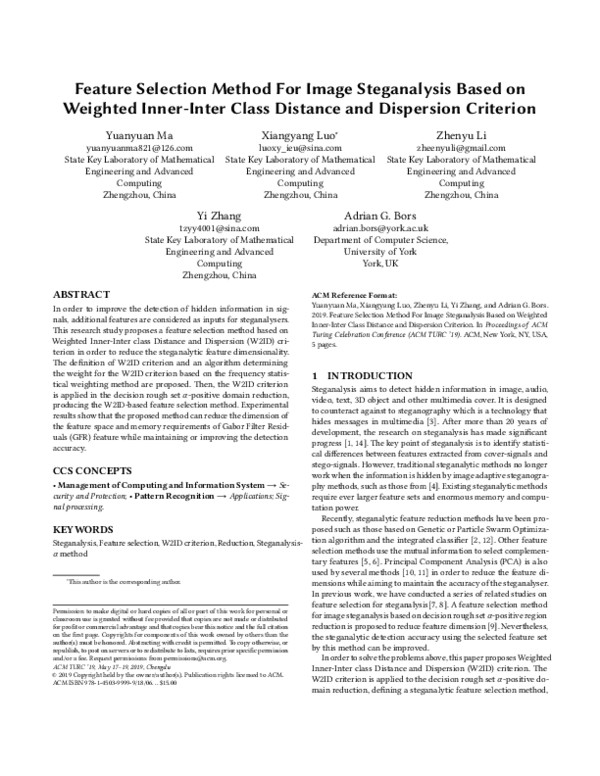 Pdf Feature Selection Method For Image Steganalysis Based On Weighted Inner Inter Class