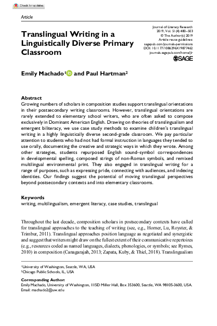 (PDF) Translingual Writing in a Linguistically Diverse Primary Classroom