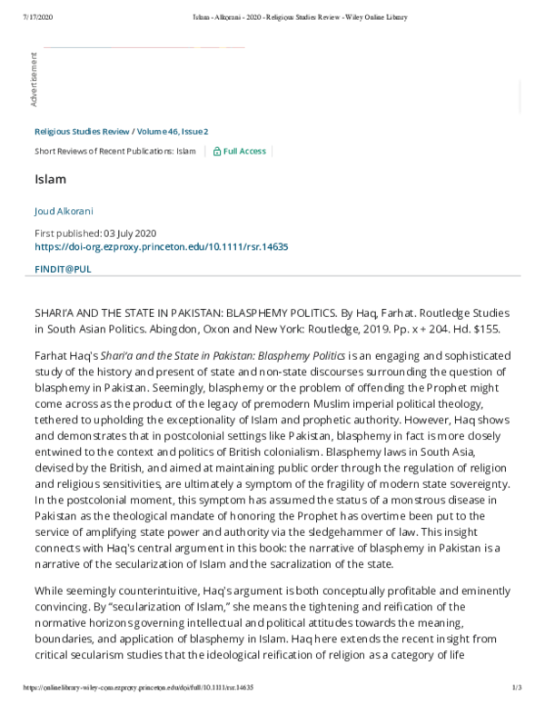 (PDF) Book Review of Farhat Haq's Shari'a and the State in Pakistan ...
