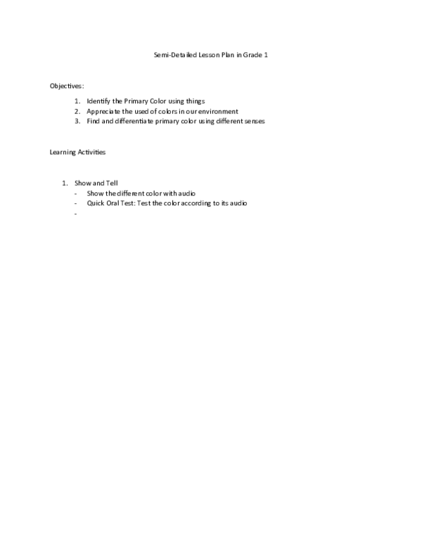 (DOC) Semi-Detailed Lesson Plan in Grade 1 Objectives